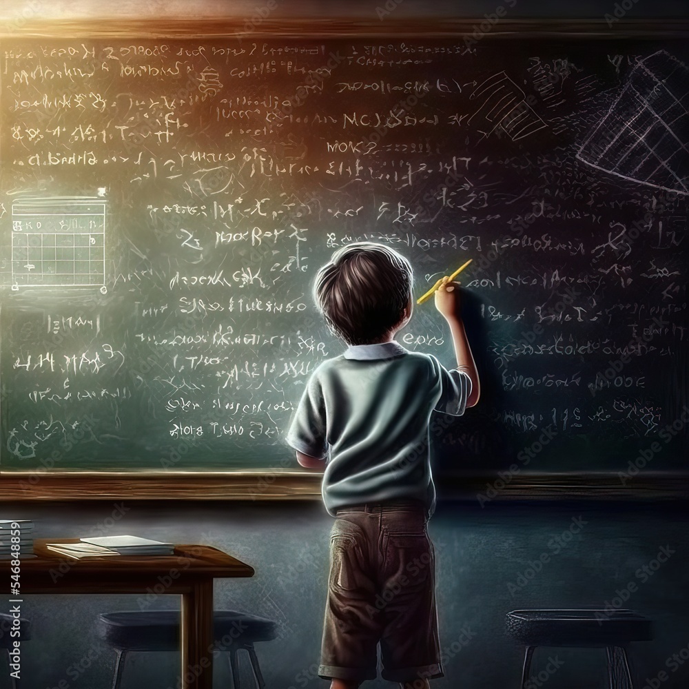 Kid student in the classroom in the front of the class doing his task ...