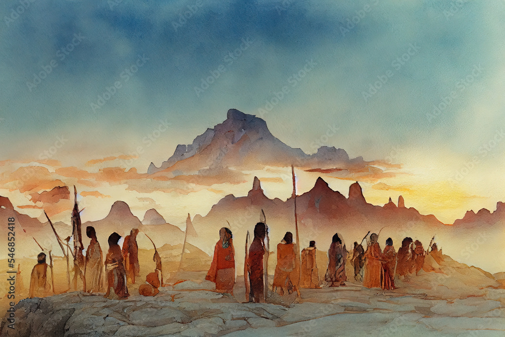 Fantasy illustration of Native Americans overlooking valleys and ...