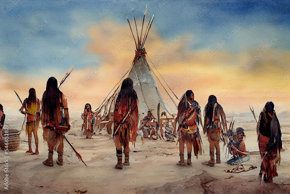 Fantasy native American Indians standing around their settlement ...