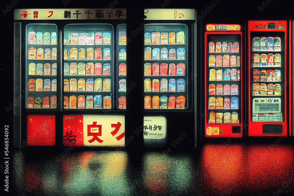 Vending machines on a rainy night in Asia. Red glow coming from self ...