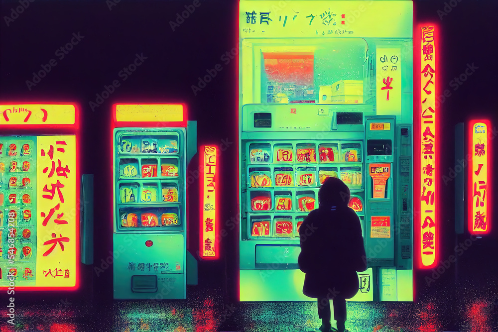 Concept artwork of vending machines in the rain in an Asian style ...