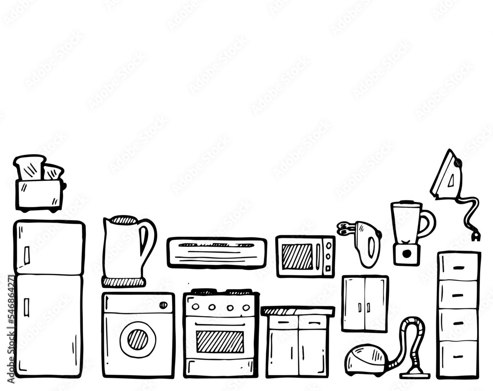 Old kitchen with furniture and items. Set of objects. Outline hand ...