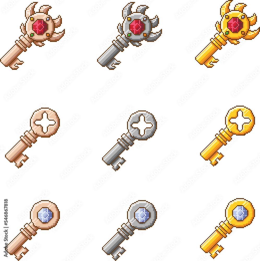 9 sets of boss keys for game assets pixel art Stock Vector | Adobe Stock