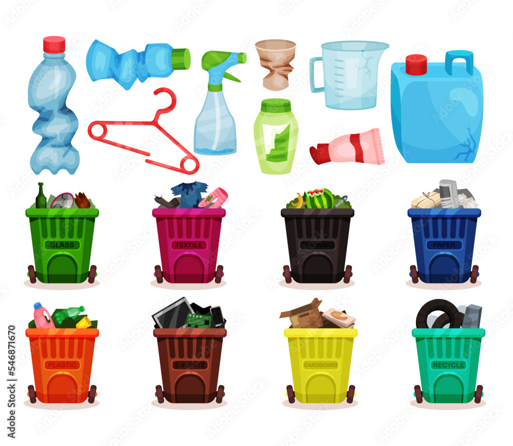 Rubbish bins with sorted garbage set. Waste segregation. Garbage ...