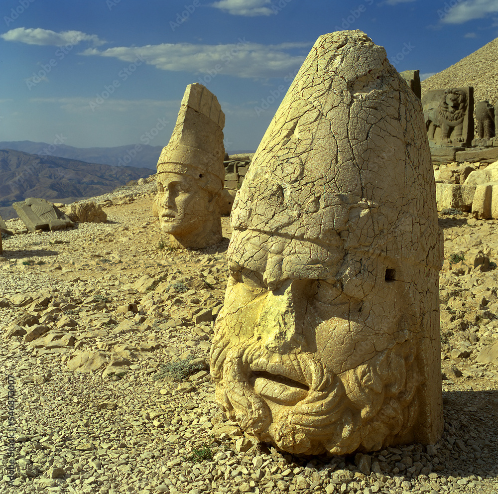Heads of the statues on Mount Nemrut Dagi in Turkey. The mausoleum of ...