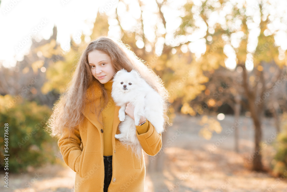 Cute Smiling Teenage Girl 15 16 Year Old Holding White Fluffy Spitz