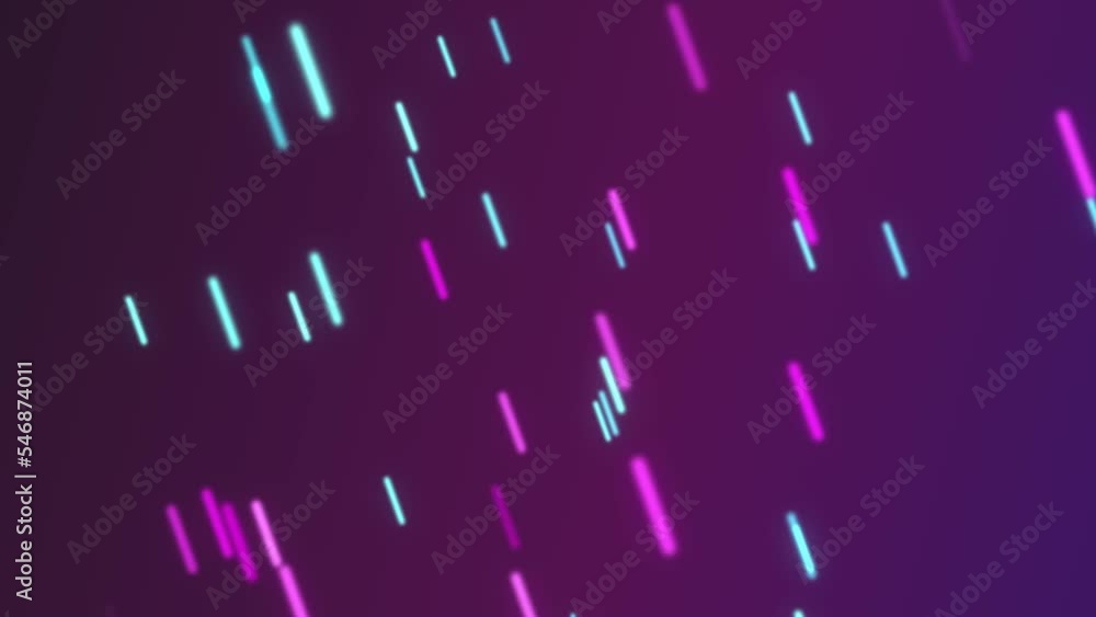 Random motion of flying neon blue and pink sticks particles. Purple ...