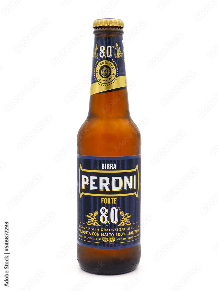 ROME, ITALY - NOVEMBER 17, 2022. Bottle of Peroni Forte beer isolated ...