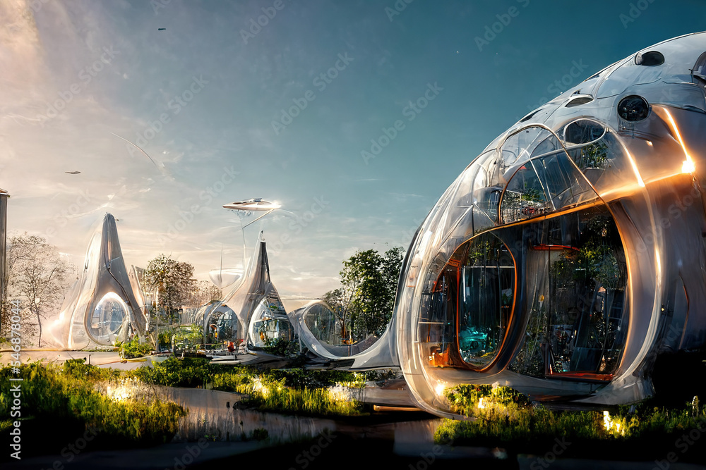 Space expansion concept of human settlement in alien world with green ...