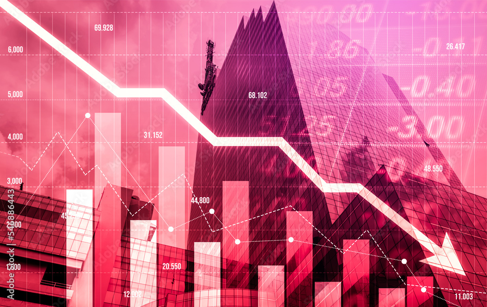 Stock market crash, declined economic, graph falling down and digital ...