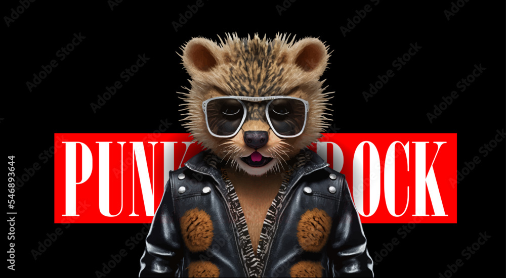 Punk rock teddy bear wearing a tiger-skin jacket and dark round glasses ...