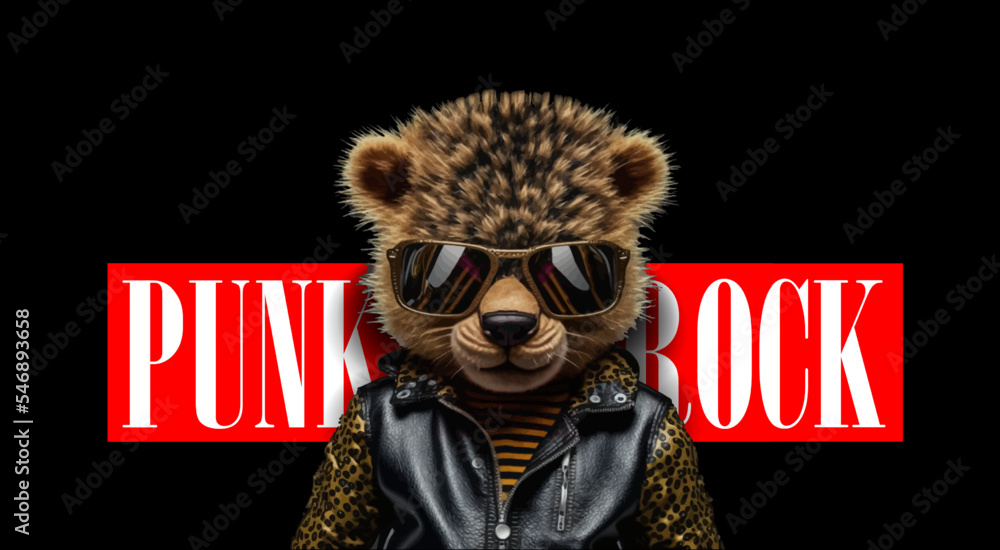 Vecteur Stock Punk rock teddy bear wearing a tiger-skin jacket and dark ...