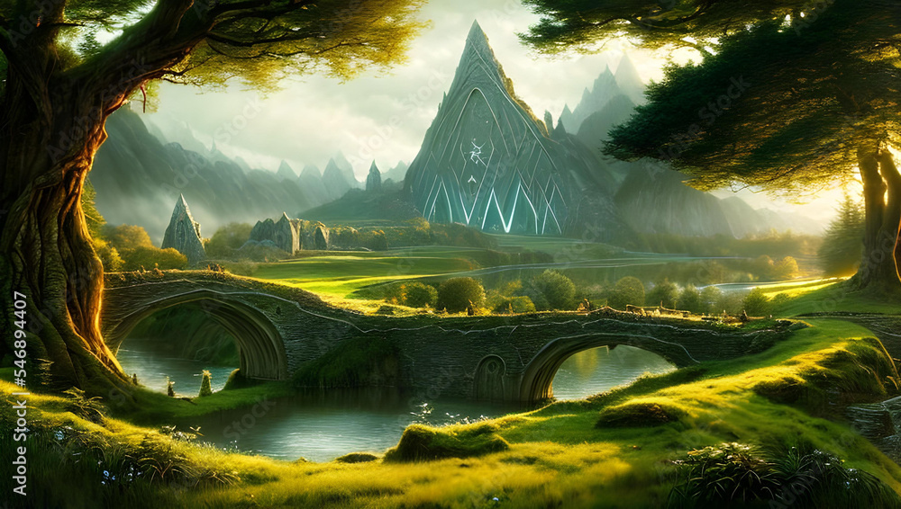 Sunlit fantasy landscape with mountains, forests and lakes - elves ...