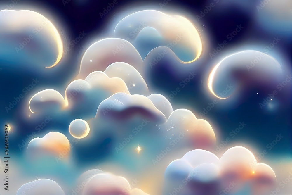 Illustration of a dreamy fantasy blue night sky with stars and clouds ...