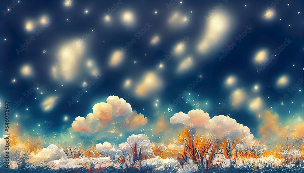 Illustration of a dreamy fantasy blue night sky with stars and clouds ...