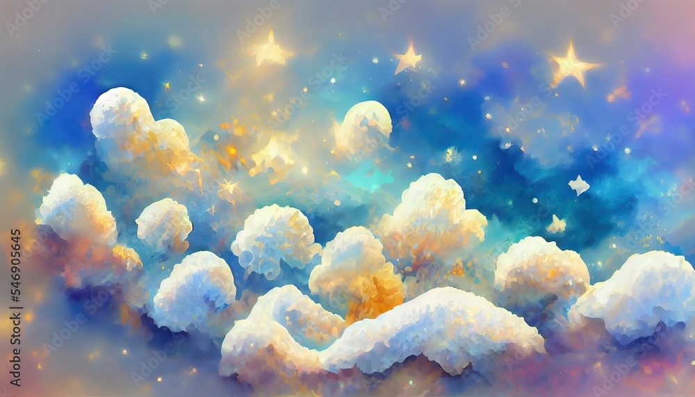 Illustration of a dreamy fantasy blue night sky with stars and clouds ...