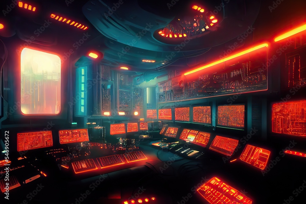 Inside of spaceship control room, science fiction scene, blue-green and ...