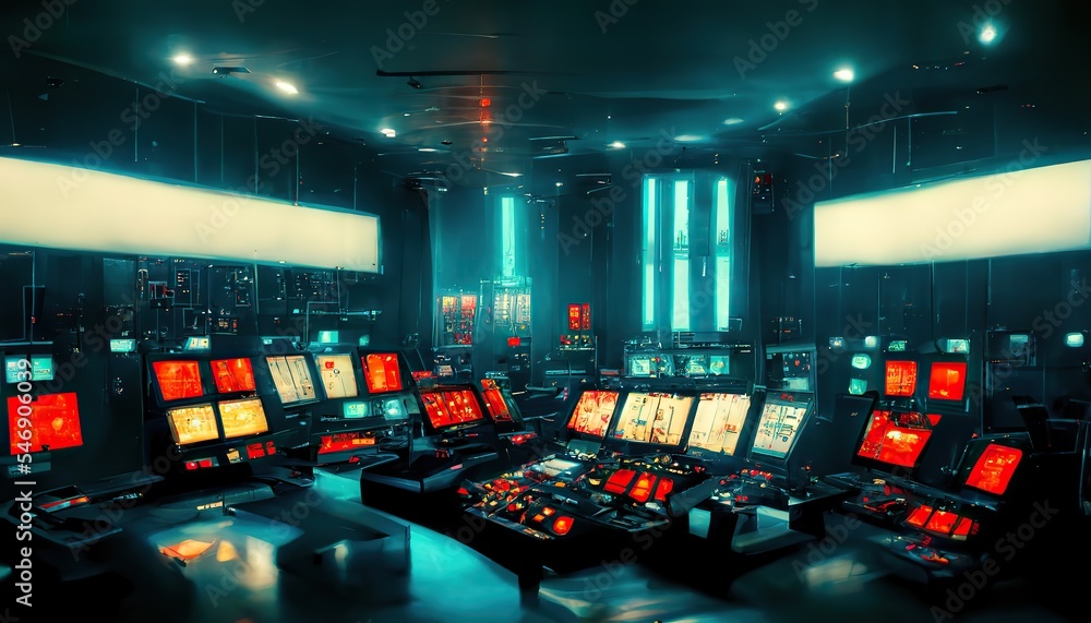 Inside of spaceship control room, science fiction scene, blue-green and ...