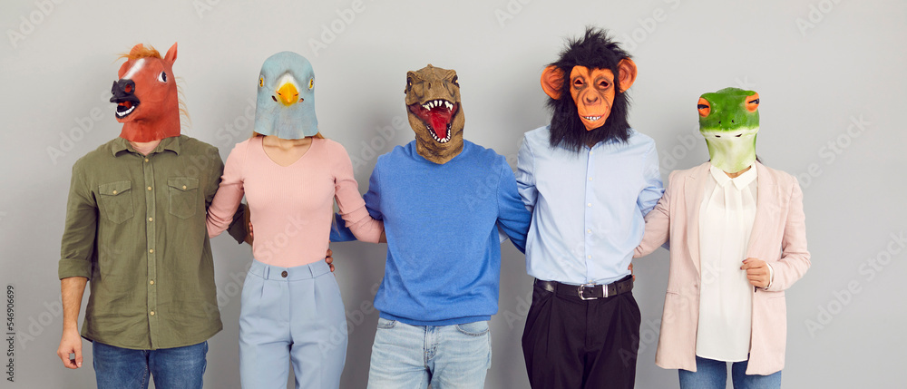 Crazy funny team of happy people wearing strange eccentric Halloween ...