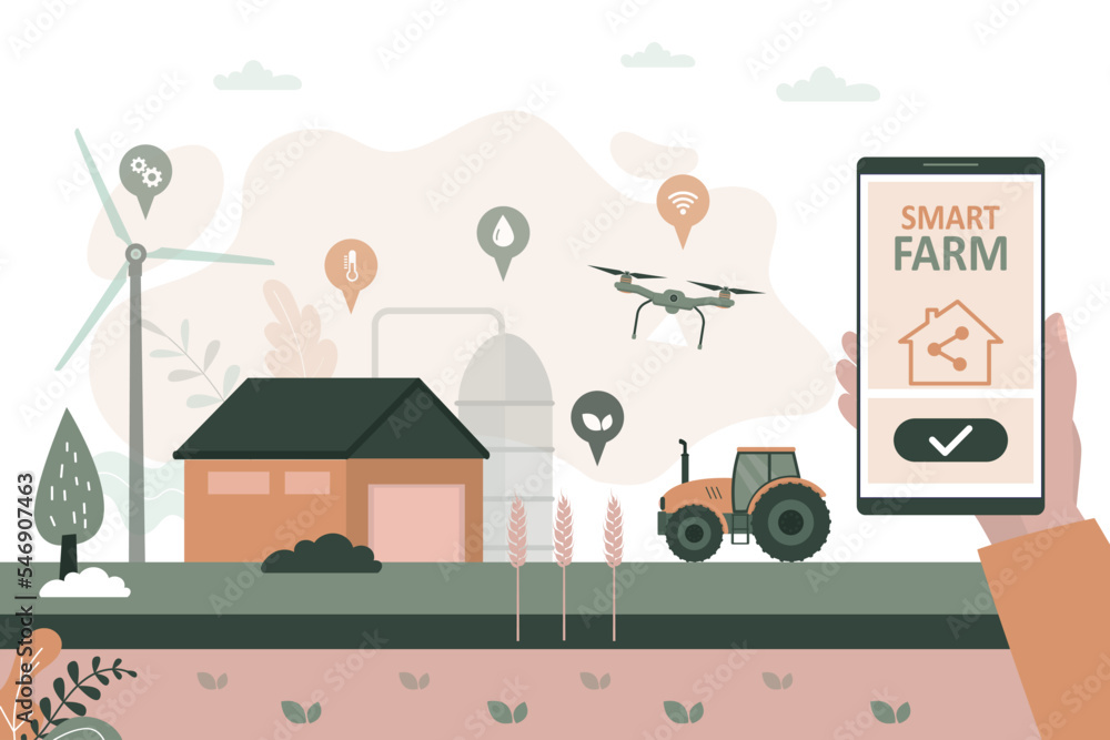 Vetor de Modern agriculture technology. Smart farming concept. Wireless ...