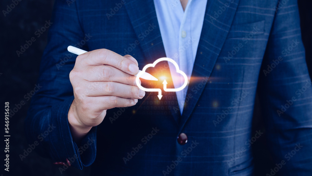 Businessman touching virtual cloud computing to transfer database ...