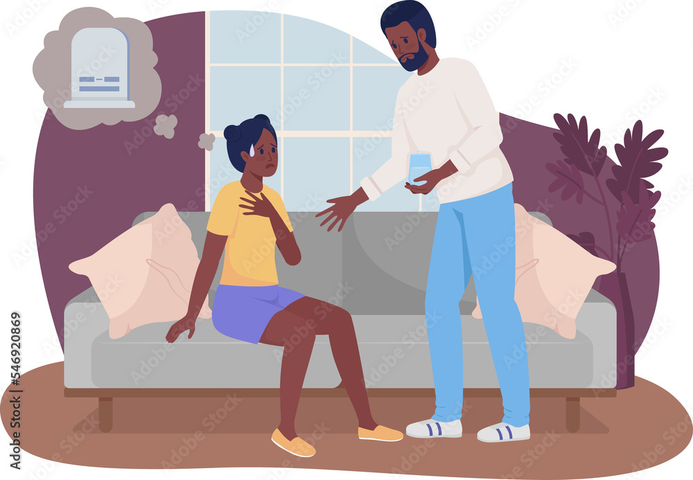 Death phobia 2D raster isolated illustration. Lady has panic attack ...