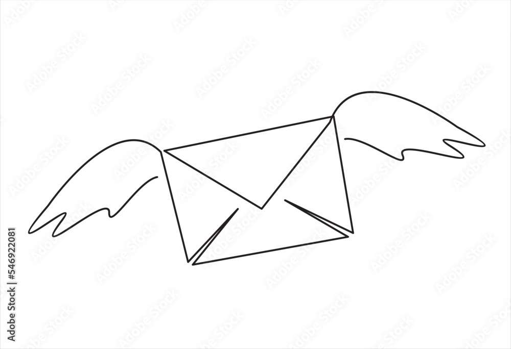 Flying envelope in continuous line art drawing style. Letter with wings ...