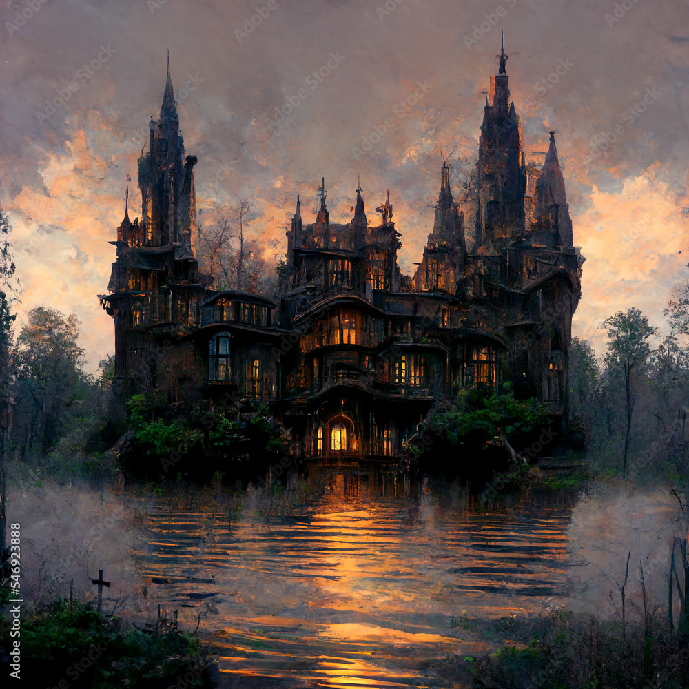Digital art dark fantasy:gothic palace in decay, illuminated and flooded by the lake waters at ...