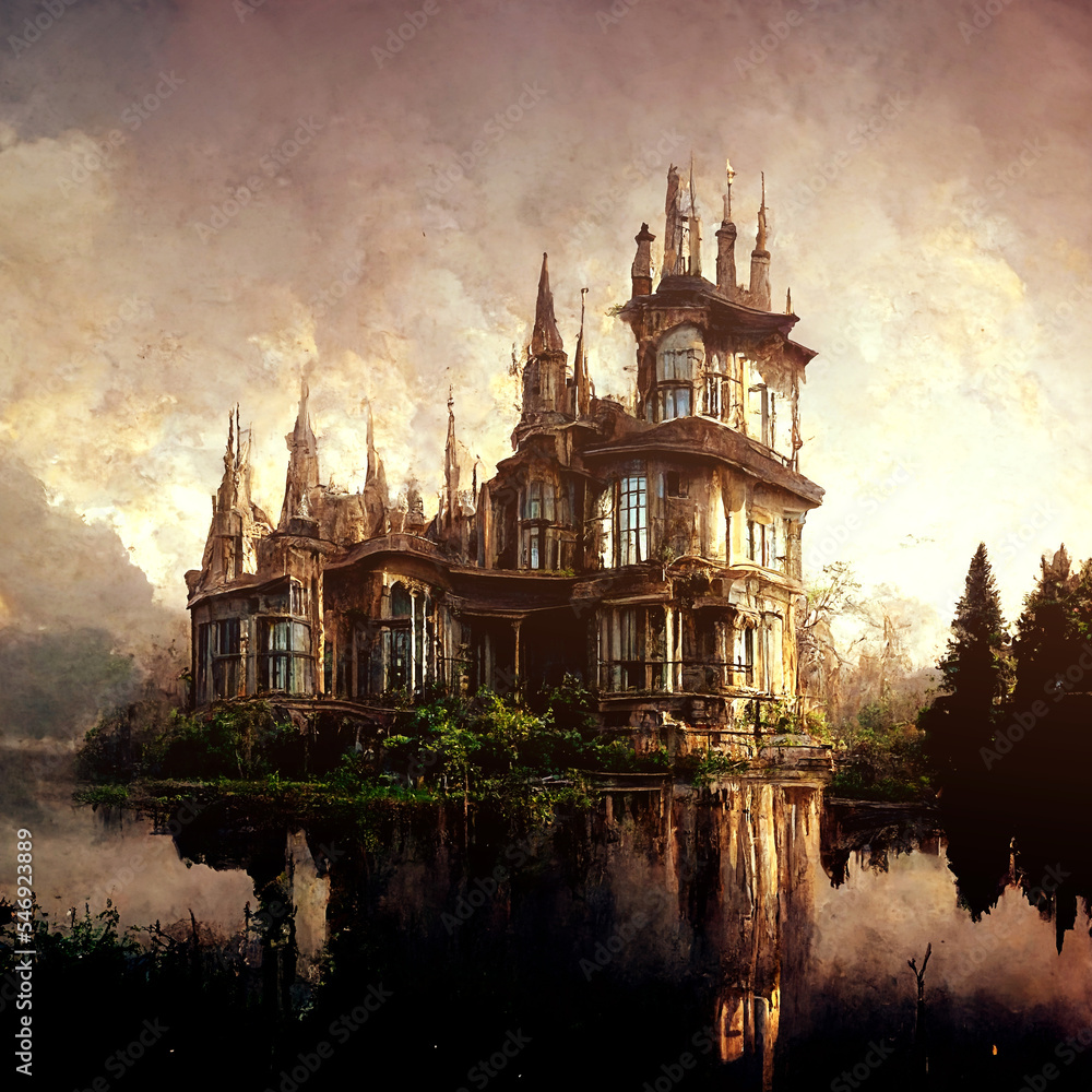 Digital art dark fantasy: decaying gothic castle on the water edge at ...