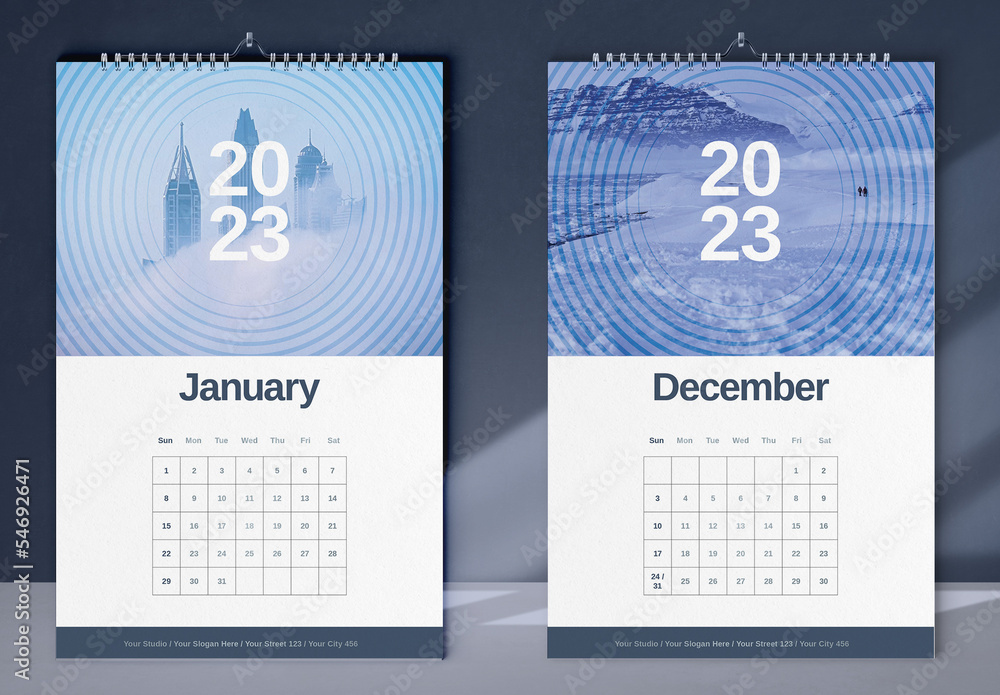 Blue Multipurpose Wall Calendar 2023 Layout Stock Template | Adobe Stock