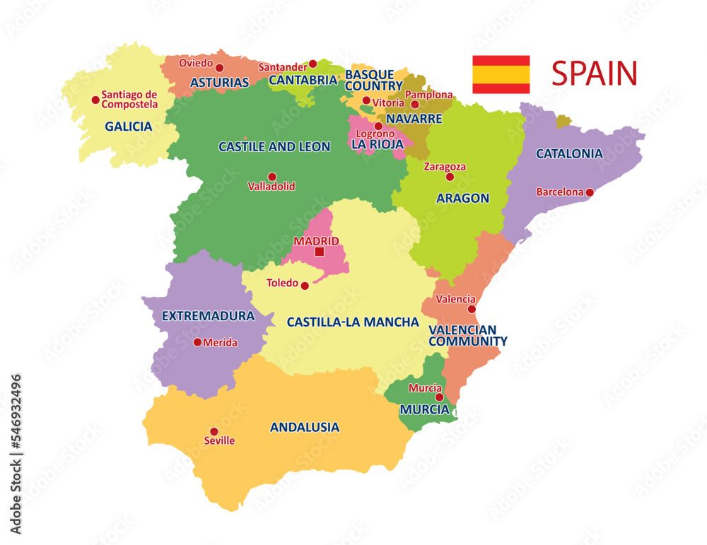 Vector Map of Spain. Colorful political Spain map with regions and main ...
