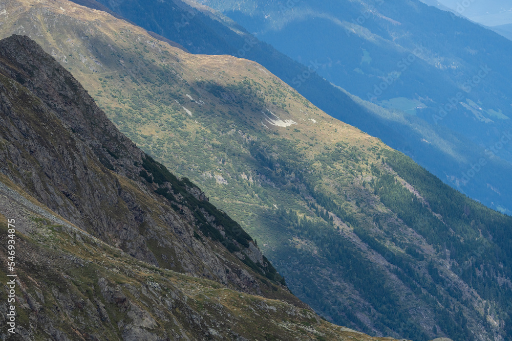 Alpine scene. Ice and snow high in the Alps. Walking the Peiljoch ...