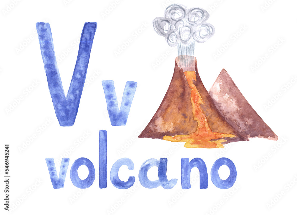 Aquarelle letter V for written word "volcano", pictured book, card for ...