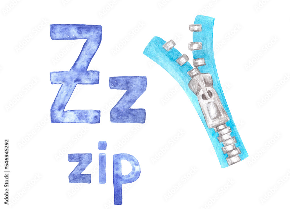 Aquarelle letter Z for written word "zip", pictured book, card for ...
