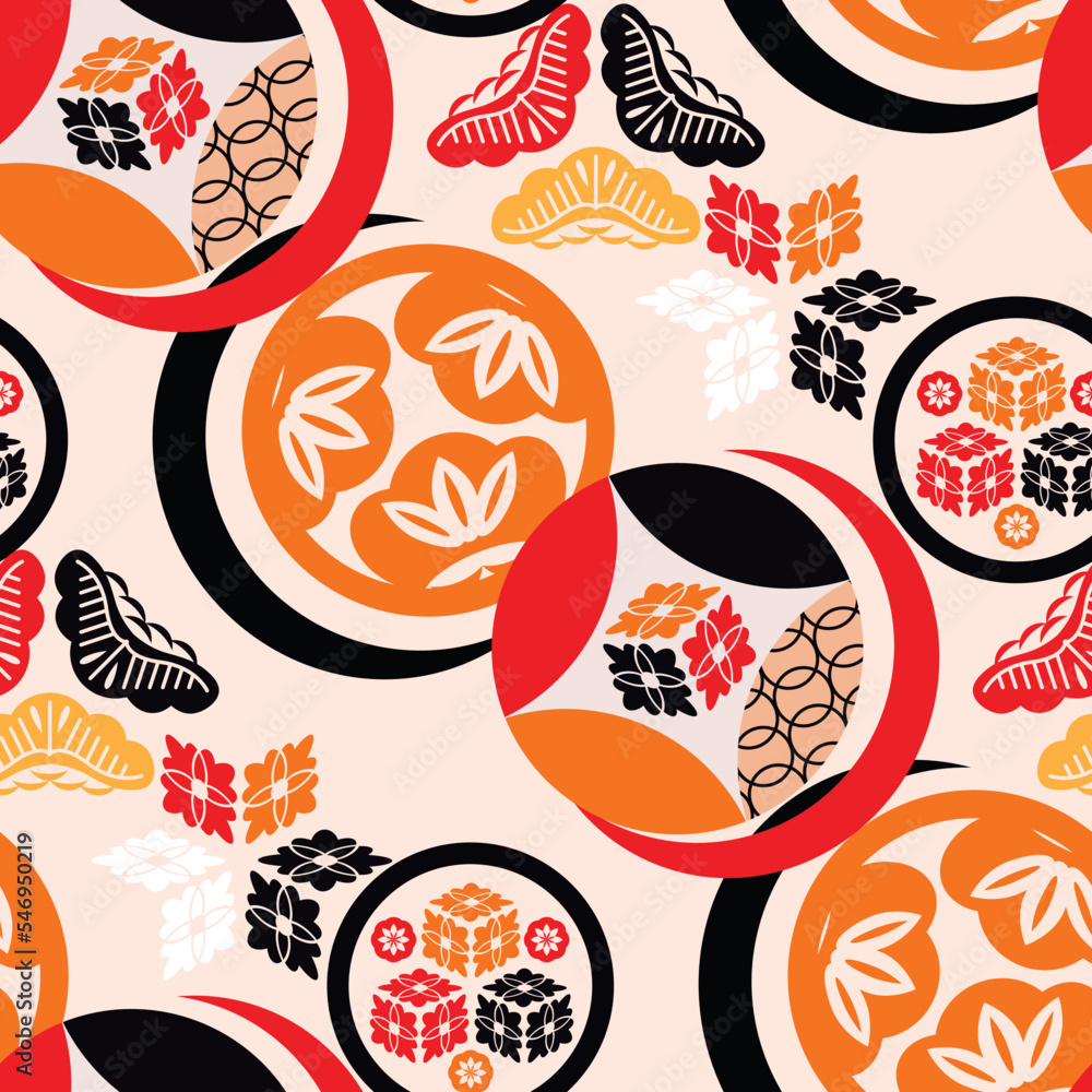 Beautiful japanese seamless pattern with clouds, waves, Daruma, plum ...