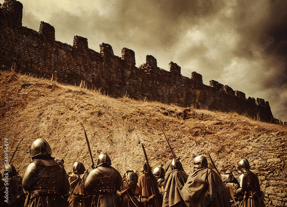 Medieval soldiers walking towards a fortified castle with ...