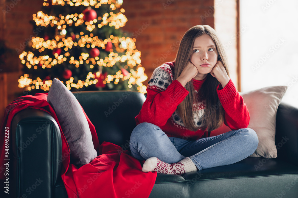 Full length photo of unsatisfied disappointed girl sit couch hands ...