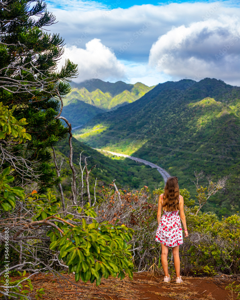 a girl in a dress admires the oahu panorama and the famous highway from ...