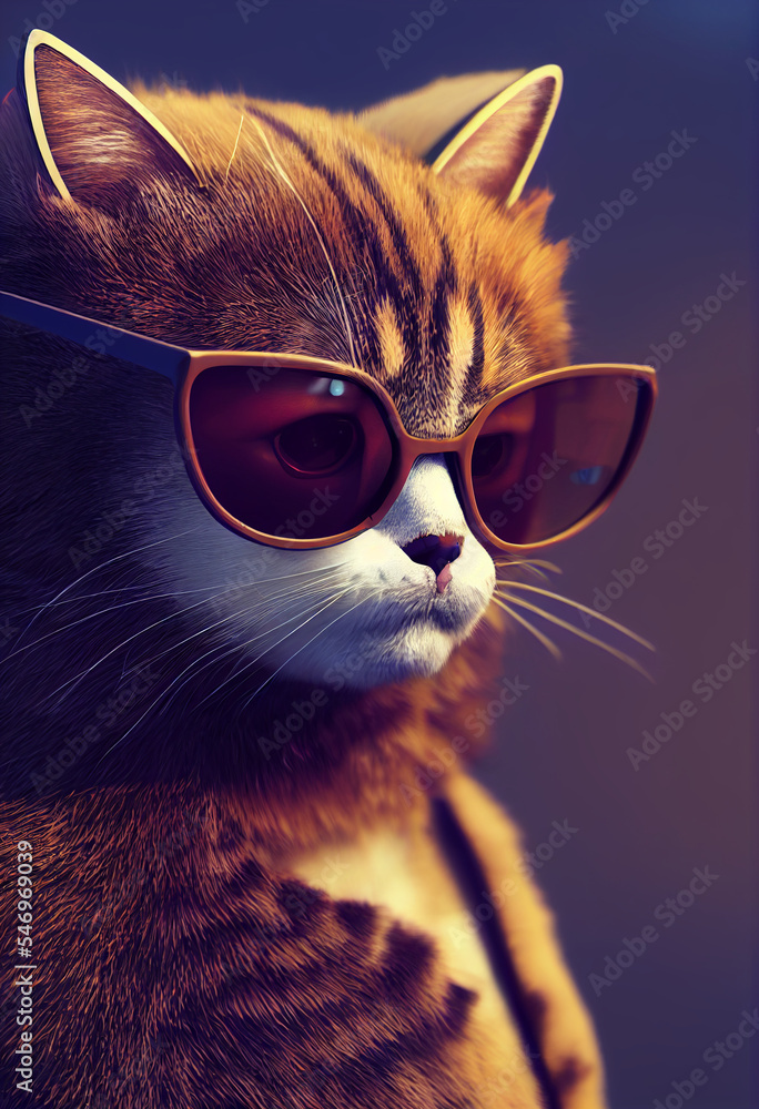 cute baby cat wearing coat and sunglasses , portrait, 3d illustration ...