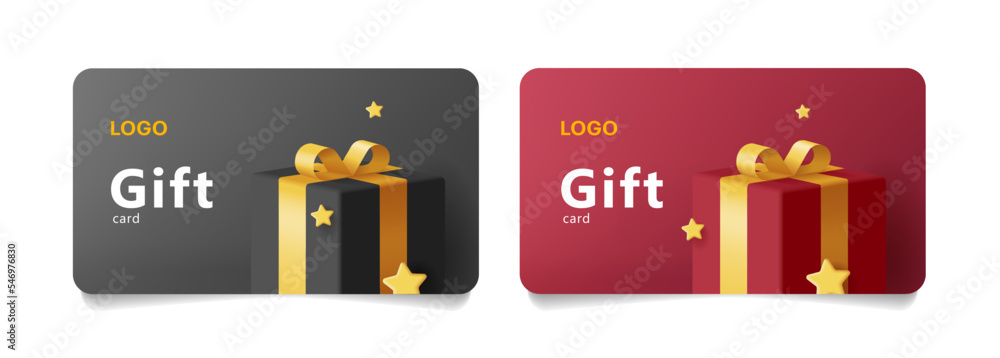 Gift card template with 3d illustration of gift box with golden ribbon ...