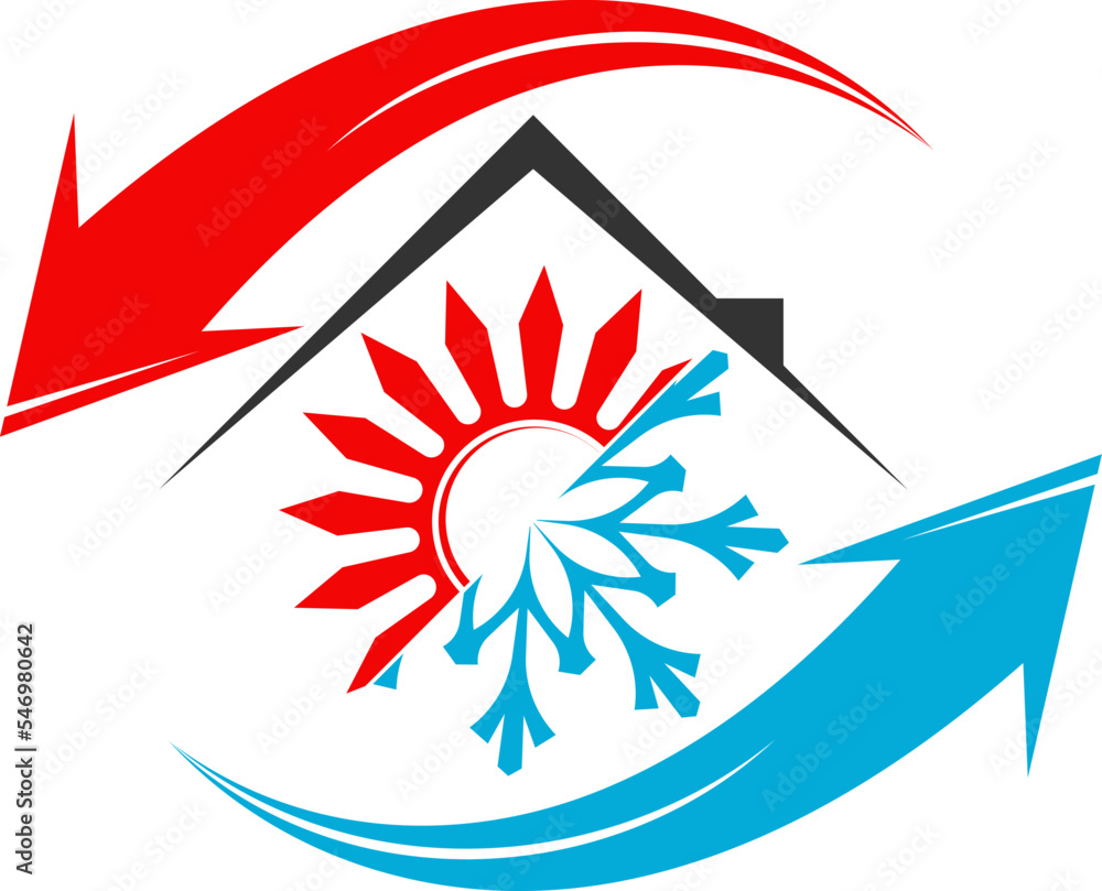 Sun and snowflake symbol. Heating and ventilation of the house, red and ...