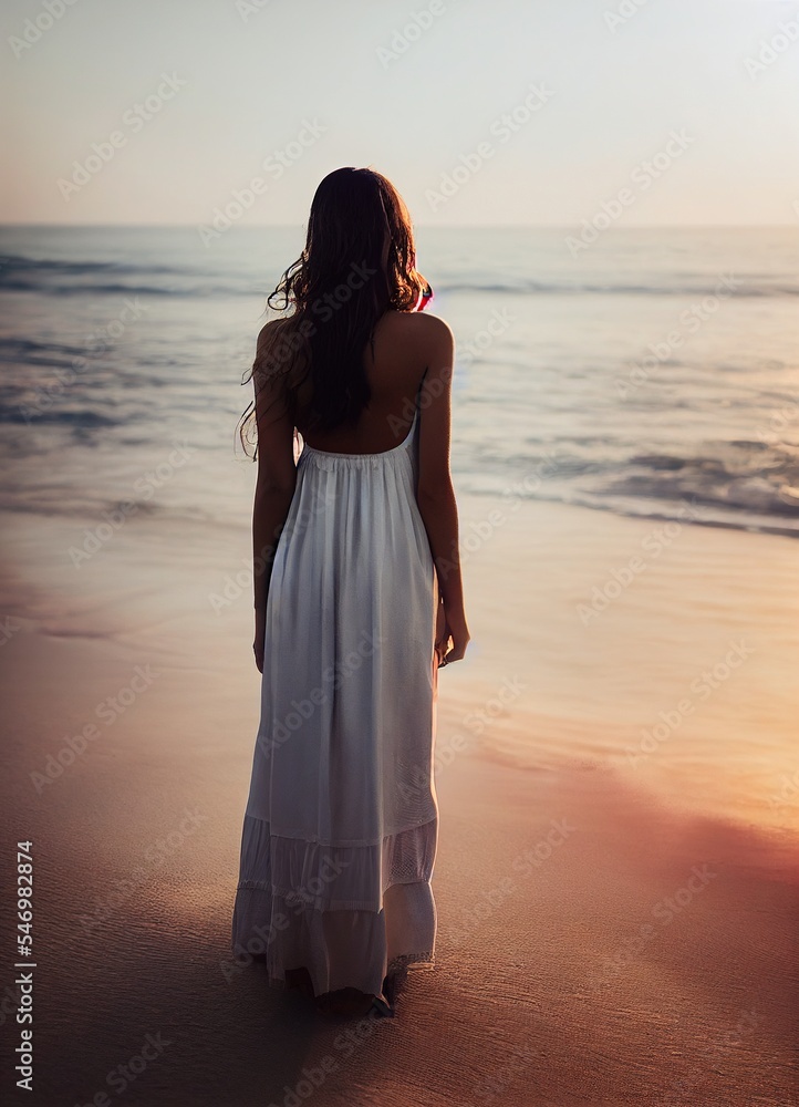 Woman on the beach at sunset. Back view. Beautiful white dress and bare ...