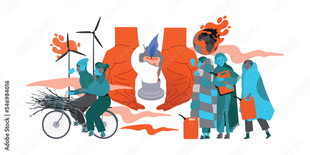 Energy Crisis and Disaster with People Characters Trying to Warm Vector ...