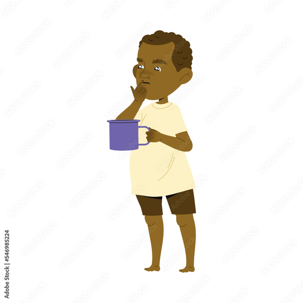 Poor African Little Boy with Empty Mug Suffering from Food Crisis and ...