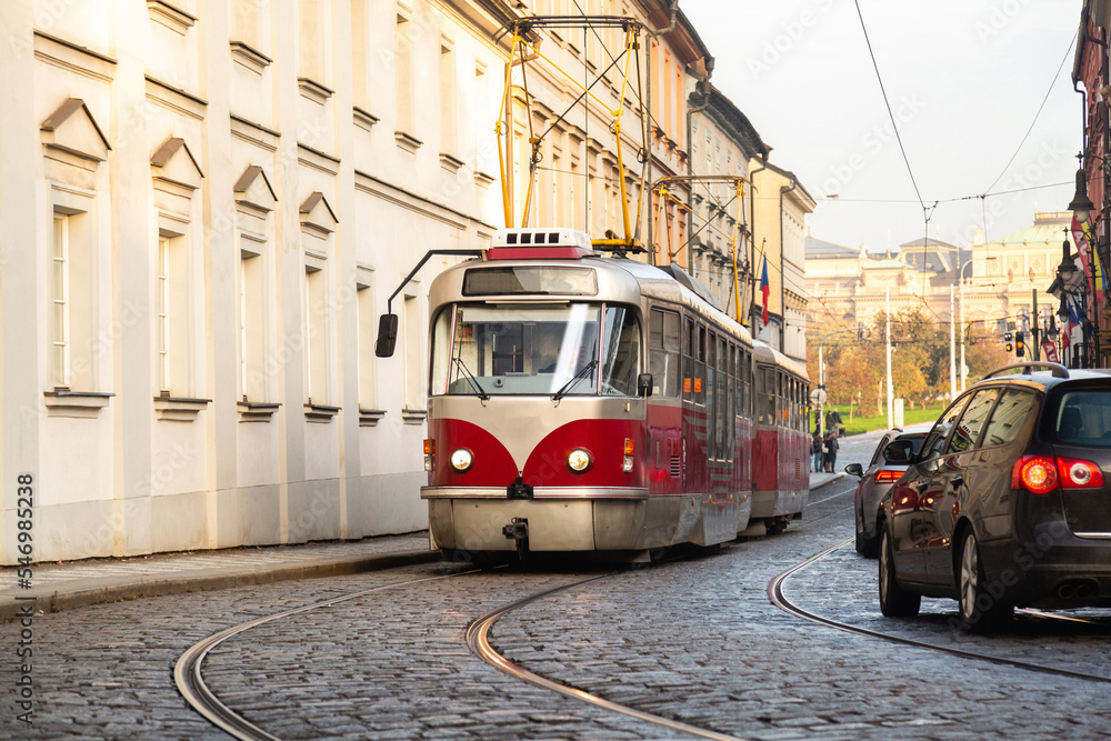 Old Tram on street of Prague in an autumn day, Czech Republic. Prague ...