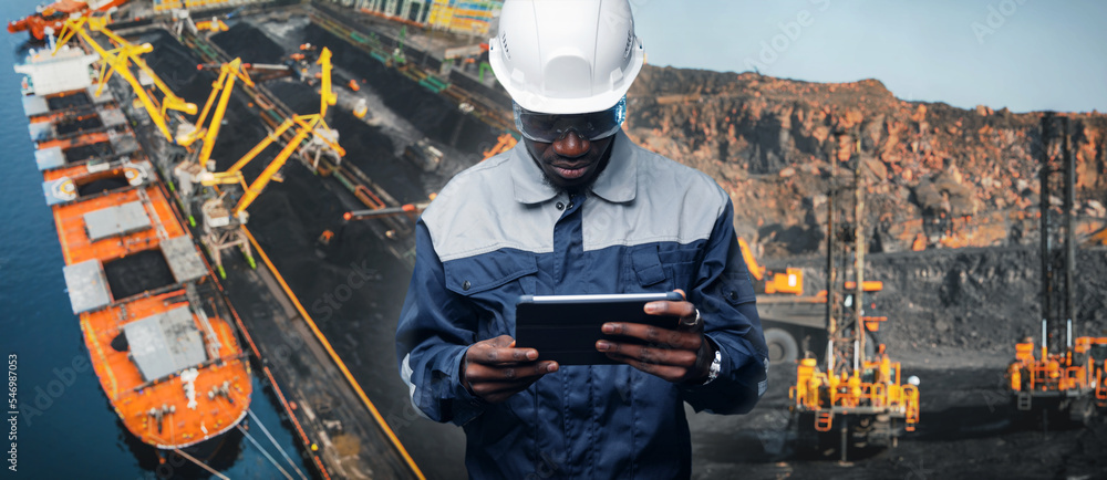 Drilling machine borer installing cast explosives blasting. Open coal ...