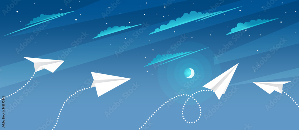 Paper plane flying in blue sky. Pattern mockup design vector ...