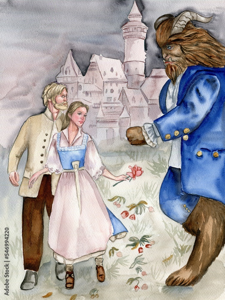 Ilustrace „Watercolor hand drawn romantic fairy tale story with girl ...