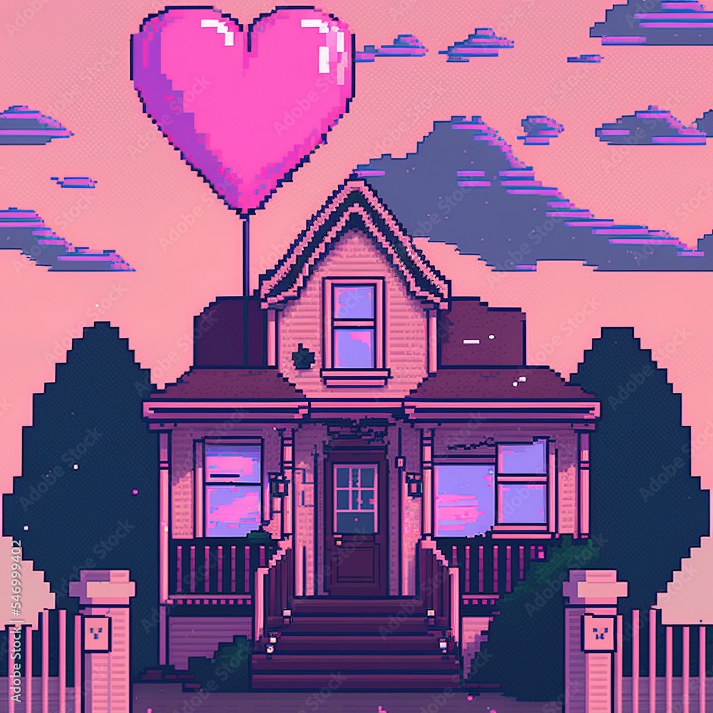 Pixel Old Cozy House With Big Purple Heart Pixelated Valentine s Day pixel-old-cozy-house-with-big-purple-heart-pixelated-valentine-s-day