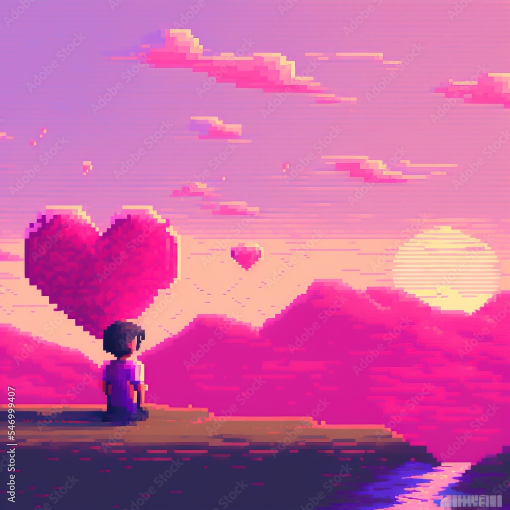 Pixel Romantic landscape with big heart in sky. Pixelated Valentine's ...